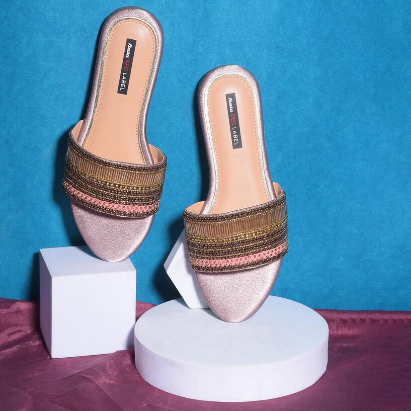 BATA RED LABEL BROWN EMBELLISHED OPEN TOE FLAT MULES FOR WOMEN | Bata